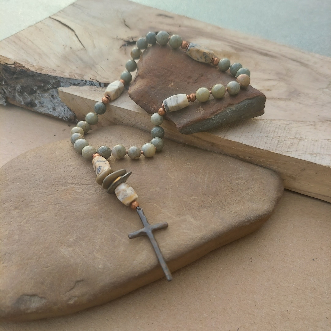 Anglican Prayer Beads, Episcopal Rosary, Green Jasper, River Stones and ...