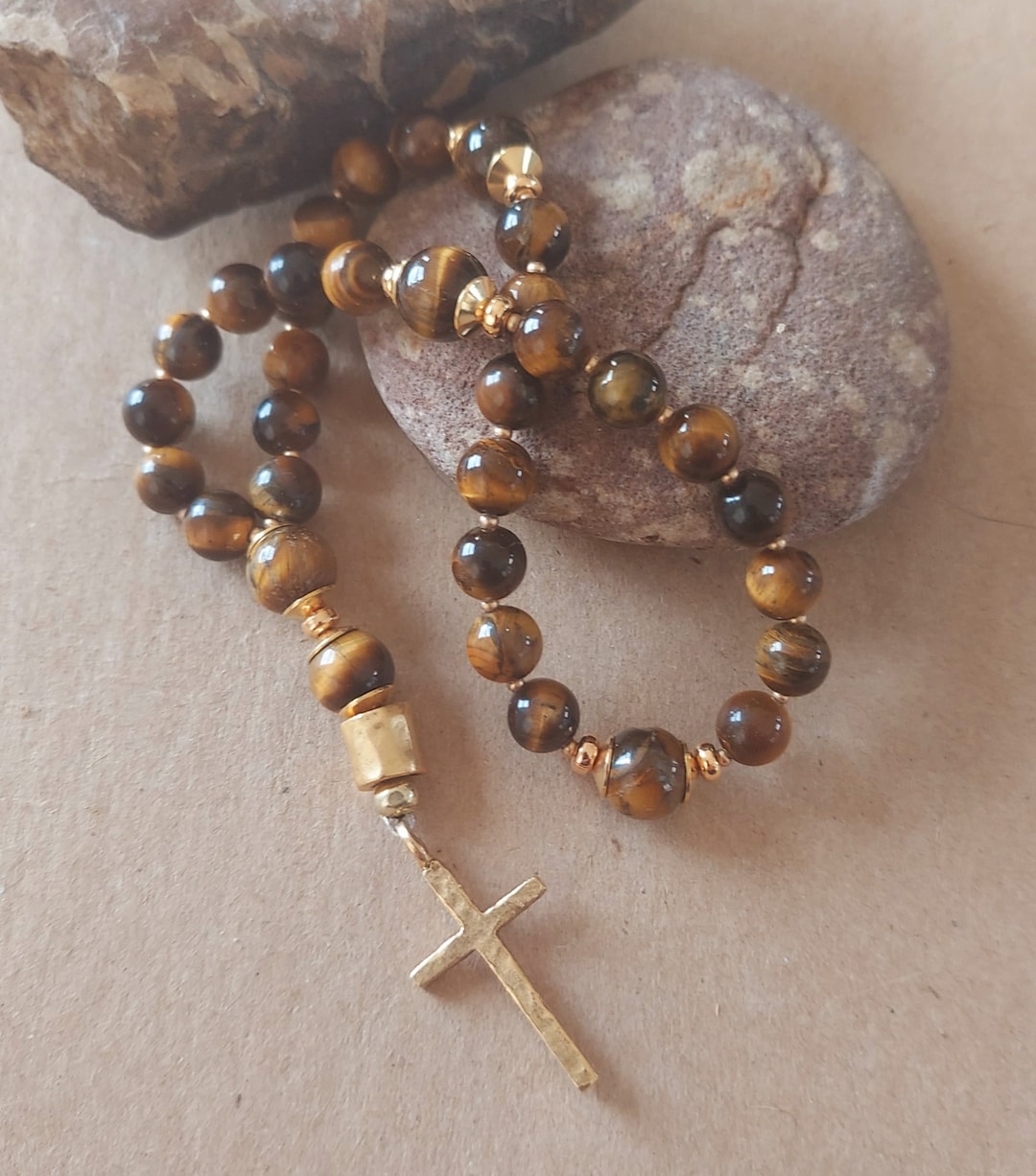Tiger Eye Stone Anglican Rosary, Gold Cross, Christian Prayer Beads - Etsy