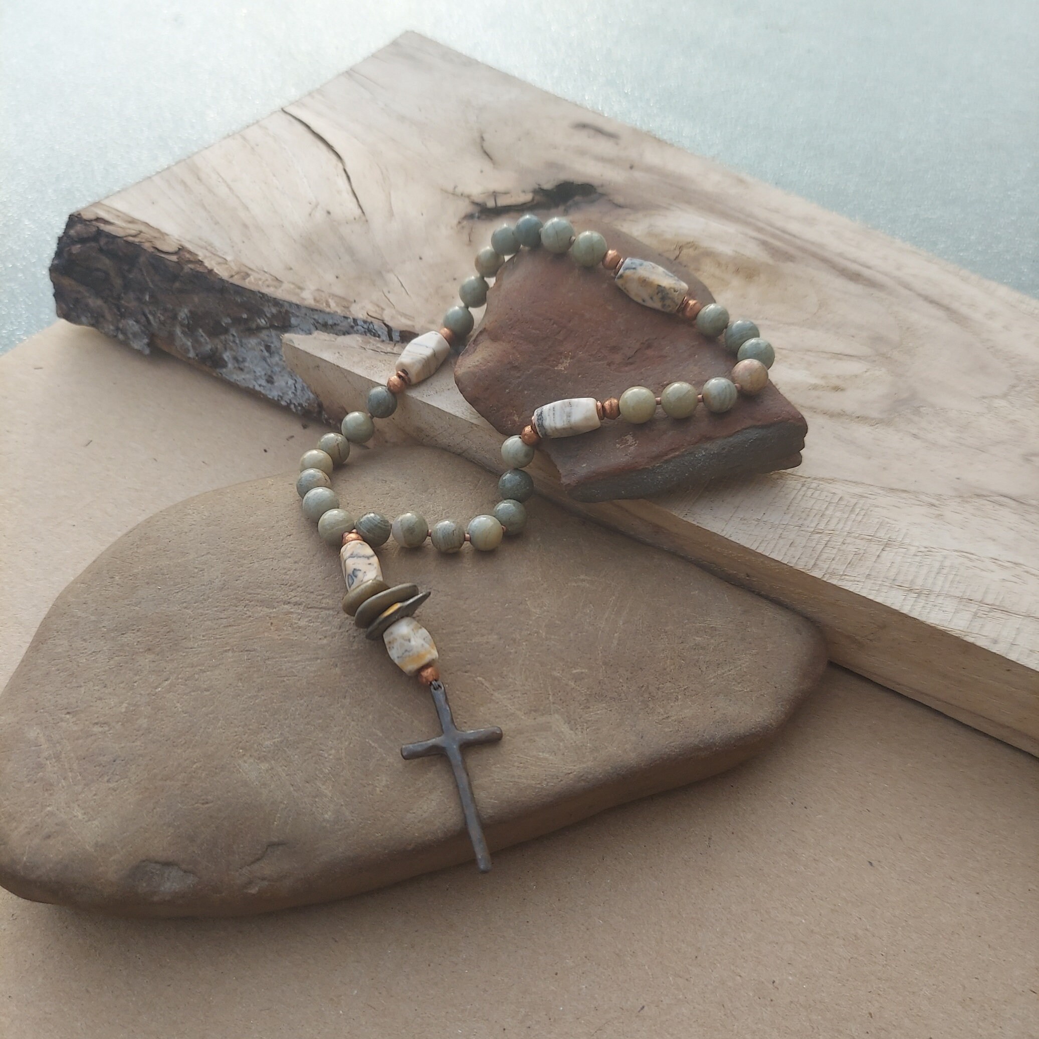 Anglican Prayer Beads, Green Jasper, River Stone Rosary With Copper - Etsy