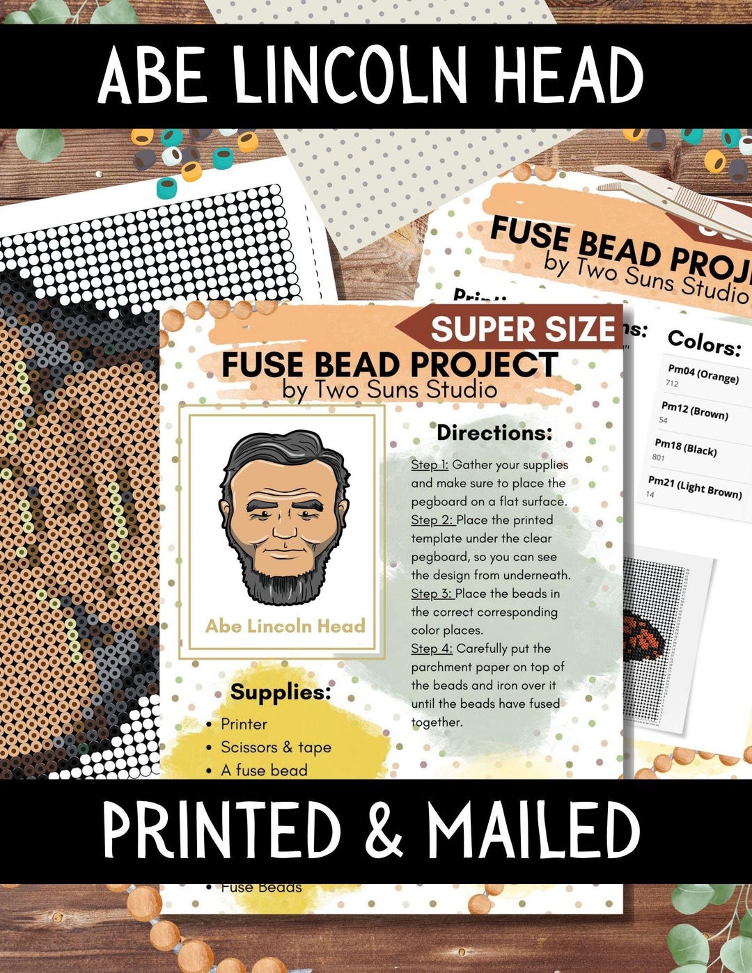 Printed Abe Lincoln Perler Bead Pattern: Patriotic Pixel Art (49x69 ...