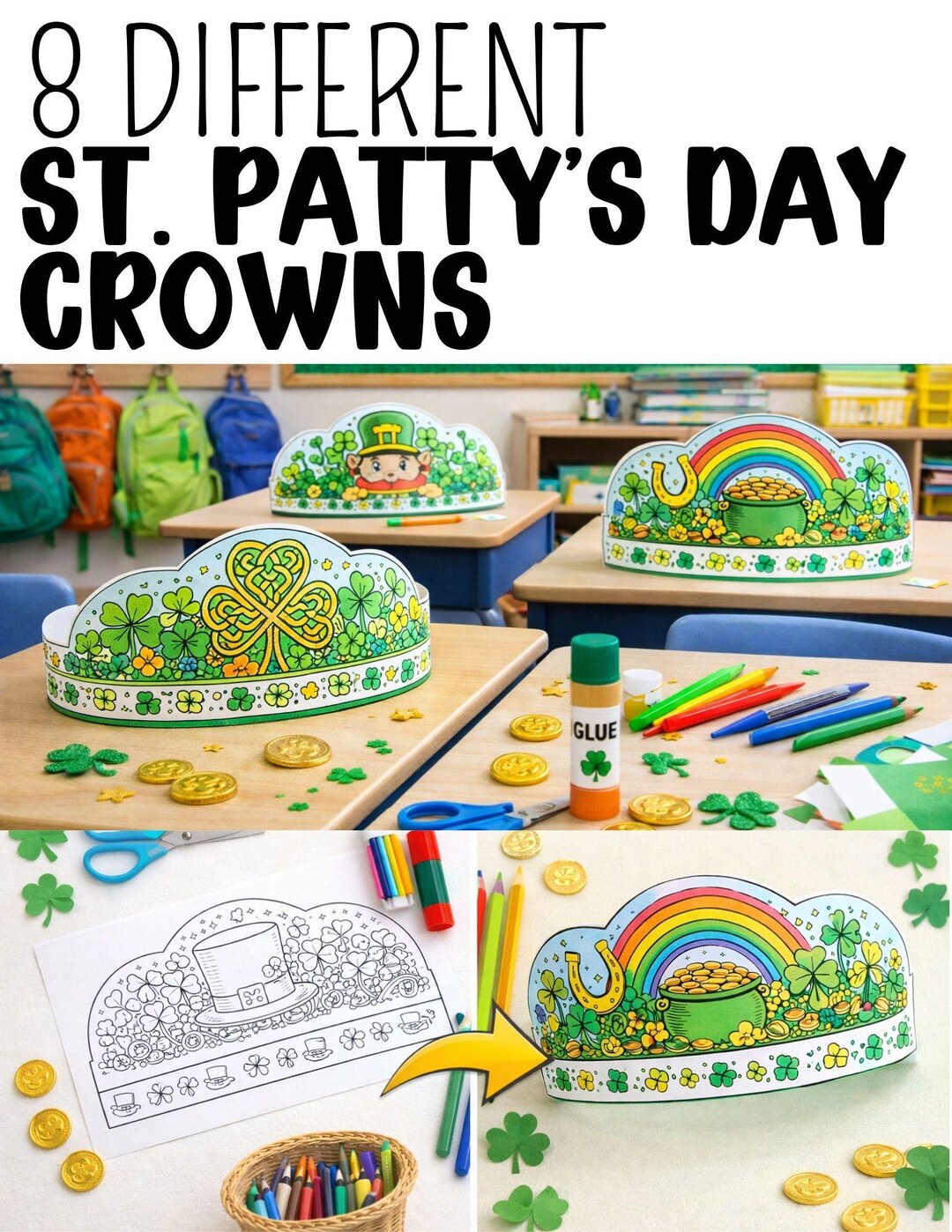 8 St Patrick's Day Crown Crafts, Kids Leprechaun Hat Activity (PDF ...