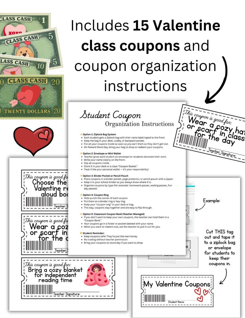 Valentine's Day Classroom Rewards System: Coupons, Cash, & Instructions ...
