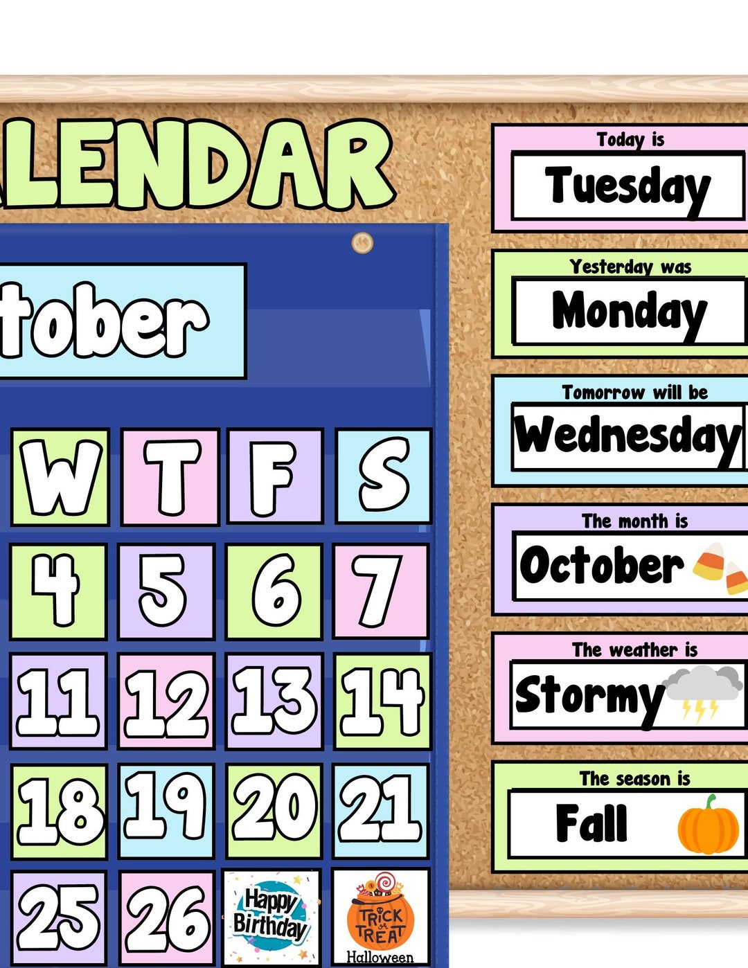 Pretty Pastels Pocket Chart Calendar With Weather, Season, Month & Day ...