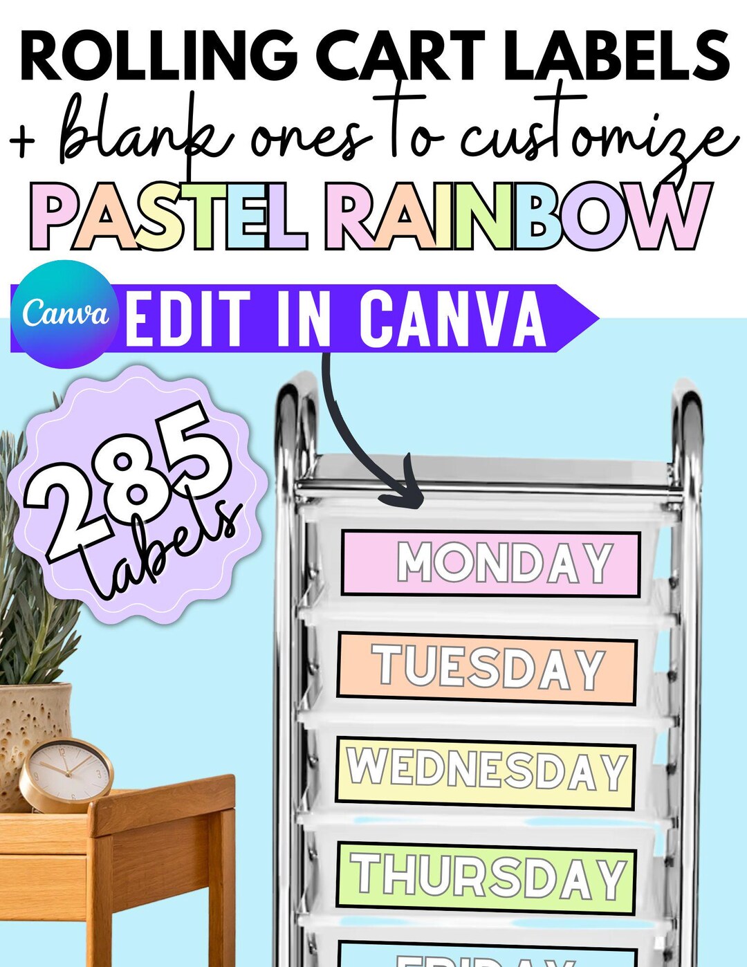 285 Pastel Rainbow Rolling Cart Labels (canva Template Link) Completely ...