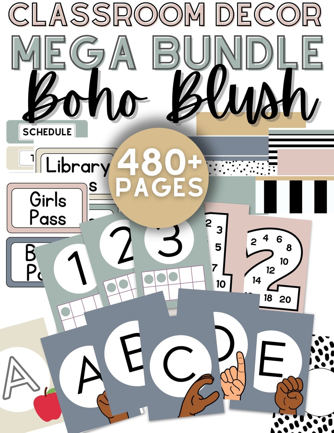 480+ Pages Boho Blush Mega Classroom Decor Bundle, Posters, Bulletin ...