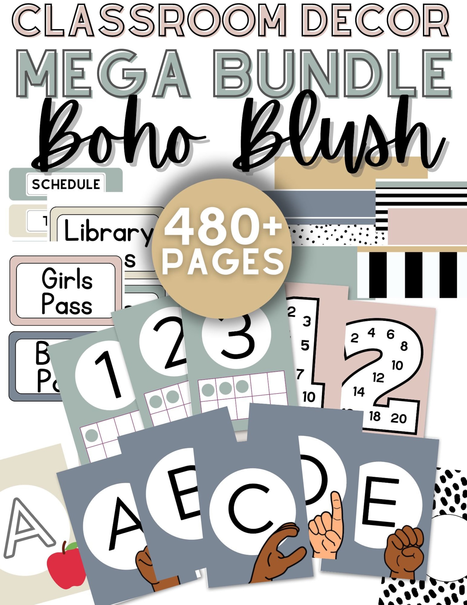 480+ Pages Boho Blush Mega Classroom Decor Bundle, Posters, Bulletin ...