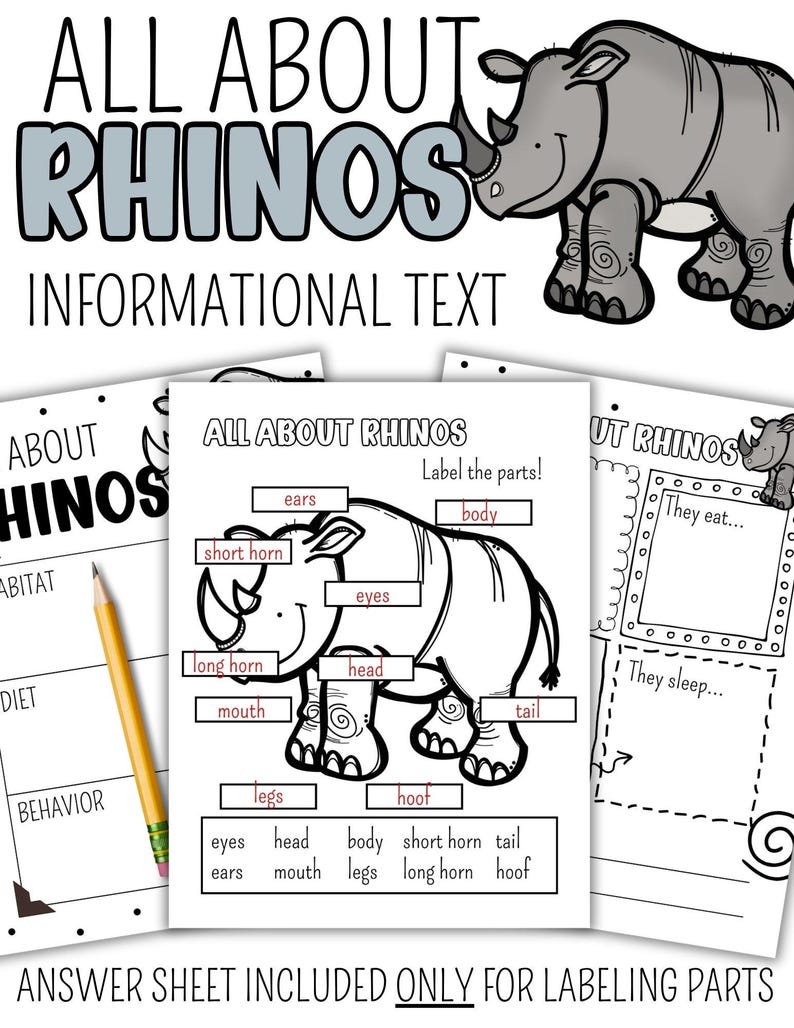 All About Rhinos | Animal Research Worksheets & Labeling | Life Science ...