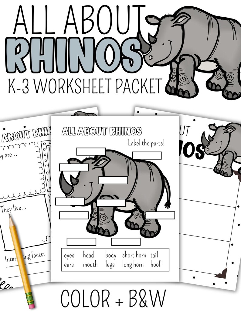 All About Rhinos | Animal Research Worksheets & Labeling | Life Science ...