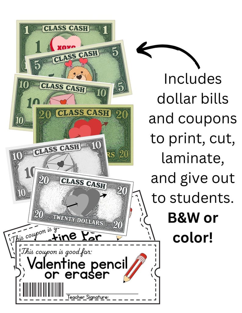Valentine's Day Classroom Rewards System: Coupons, Cash, & Instructions ...