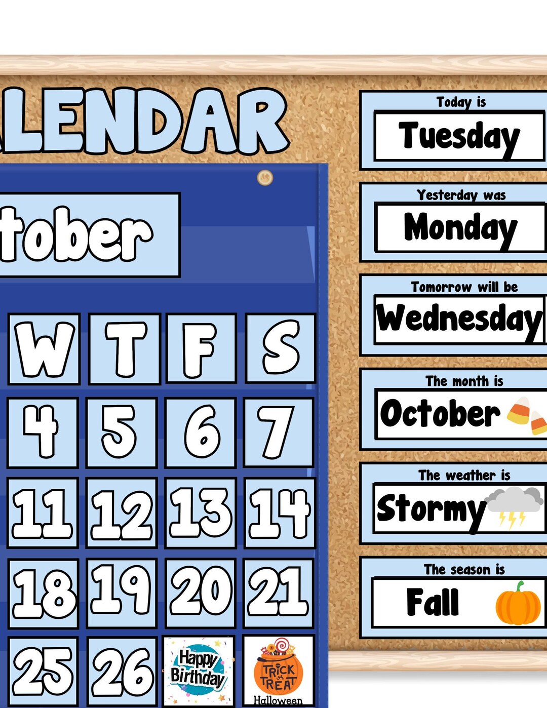 Light Blue Pocket Chart Calendar With Weather, Season, Month & Day ...