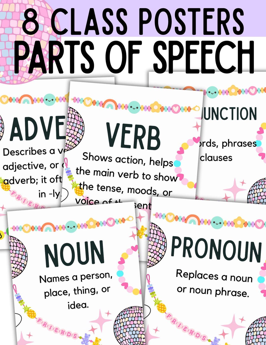 8 Parts of Speech Posters Printable | Disco + Friendship Bracelet Theme ...