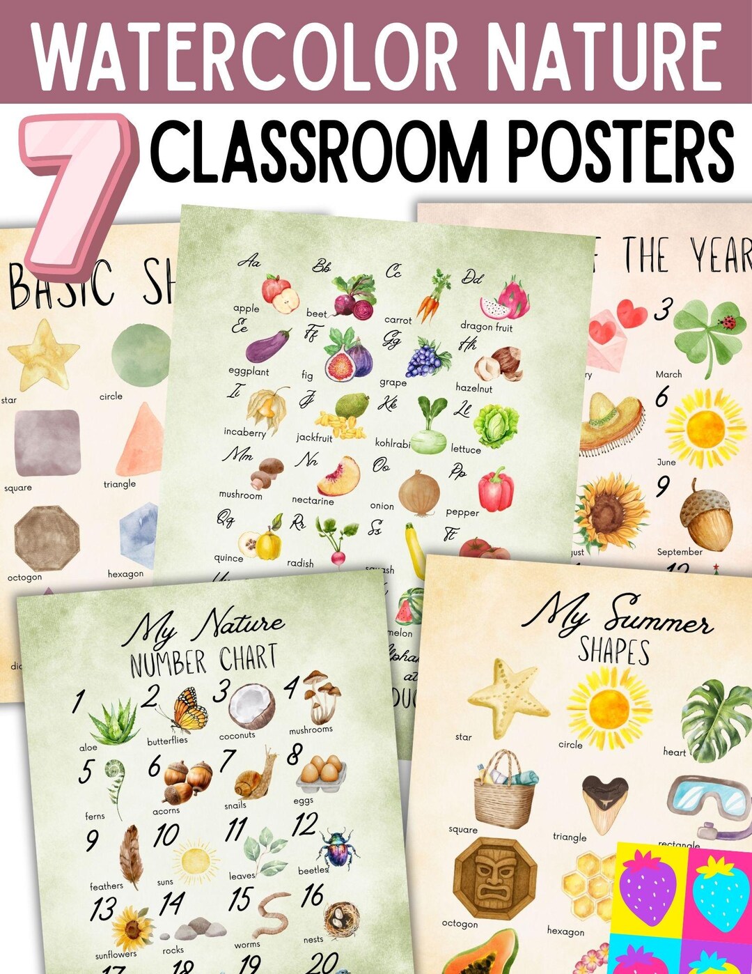 Watercolor Classroom Posters: ABC, Numbers, Shapes, Weather (digital ...