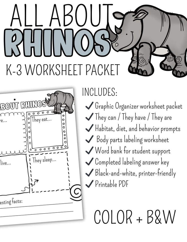 All About Rhinos | Animal Research Worksheets & Labeling | Life Science ...