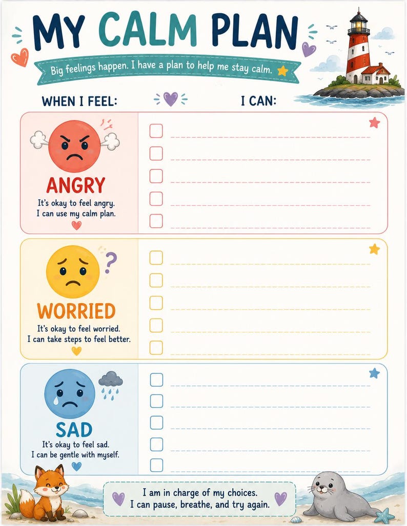 Calm Plan SEL Social Emotional Learning Worksheet for Elementary School ...