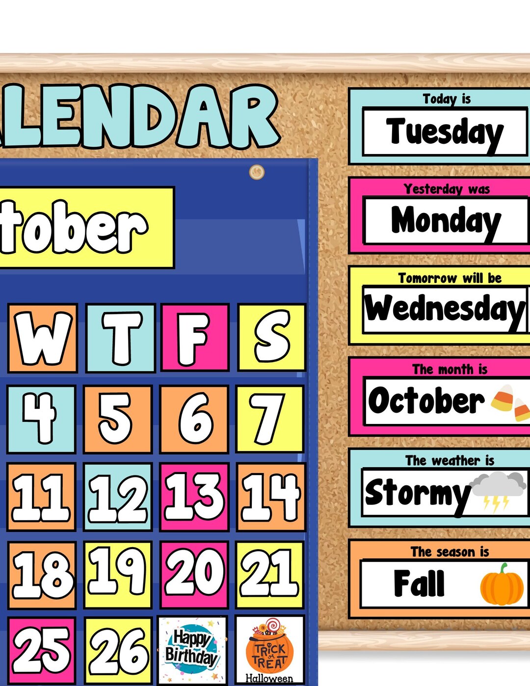 Bright Bold Colors Pocket Chart Calendar With Weather, Season, Month ...