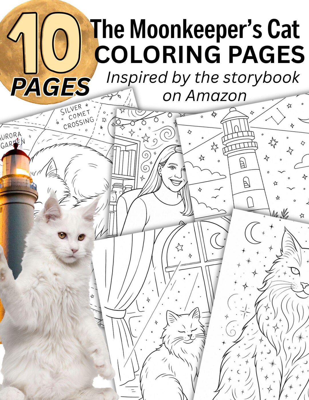 Whimsical Cat & Moon Coloring Pages: 10-page Printable Set (digital ...