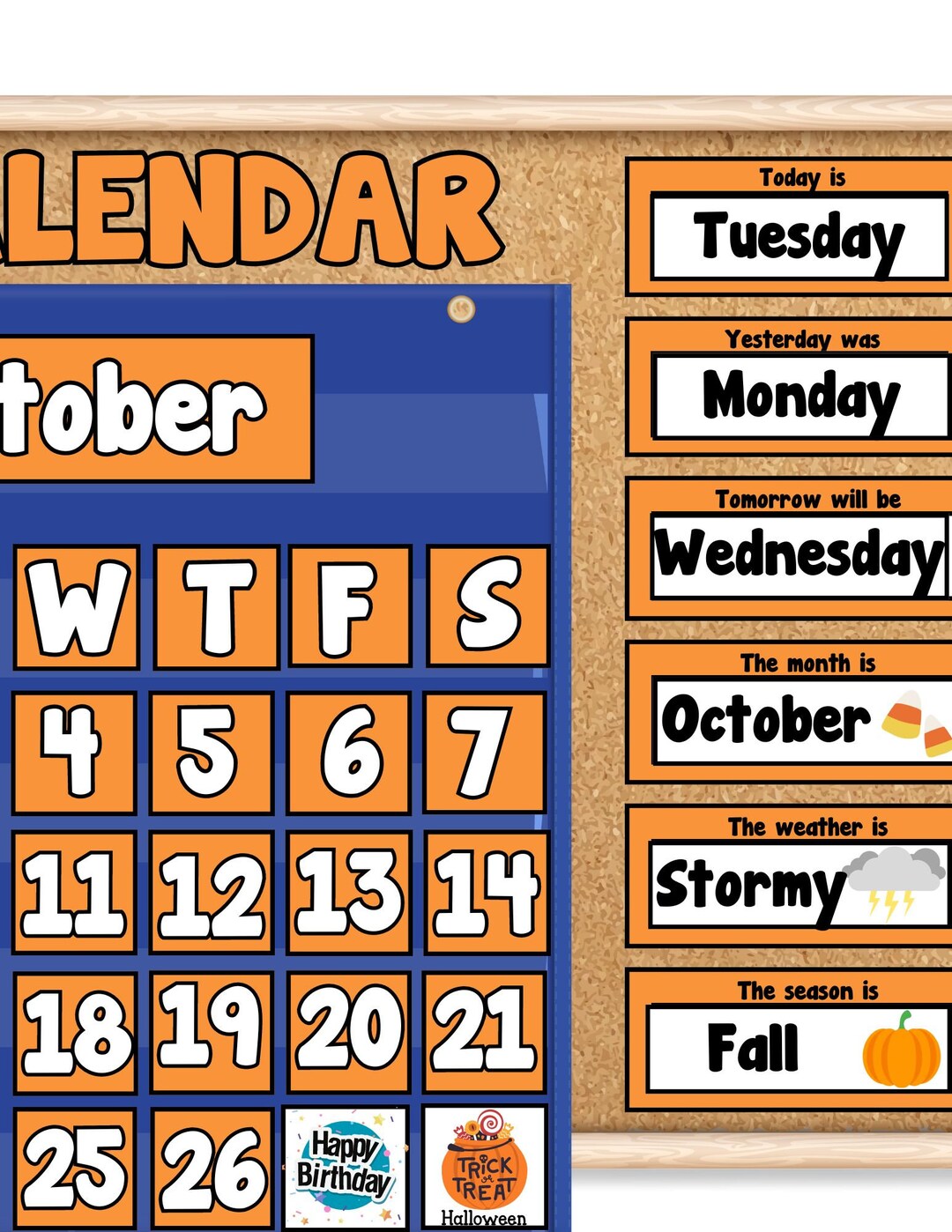 Orange Fall Pocket Chart Calendar With Weather, Season, Month & Day ...