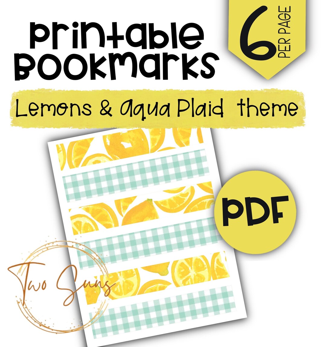 Printable Bookmarks: Lemons & Aqua Plaid Theme (PDF Download) - Etsy