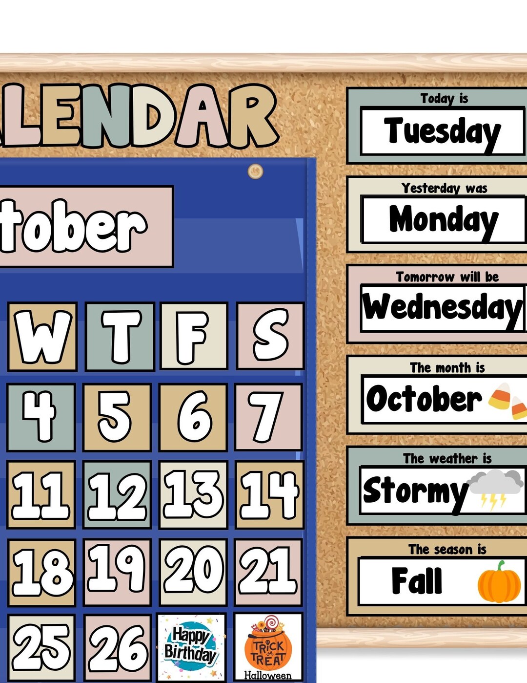 Neutral Colors Pocket Chart Calendar With Weather, Season, Month & Day ...