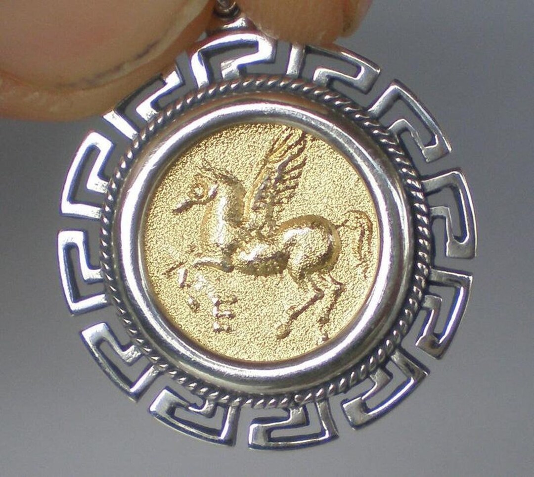 Pegasus Immortal Divine Winged Horse Meander Motif Gold Plated Pendant ...