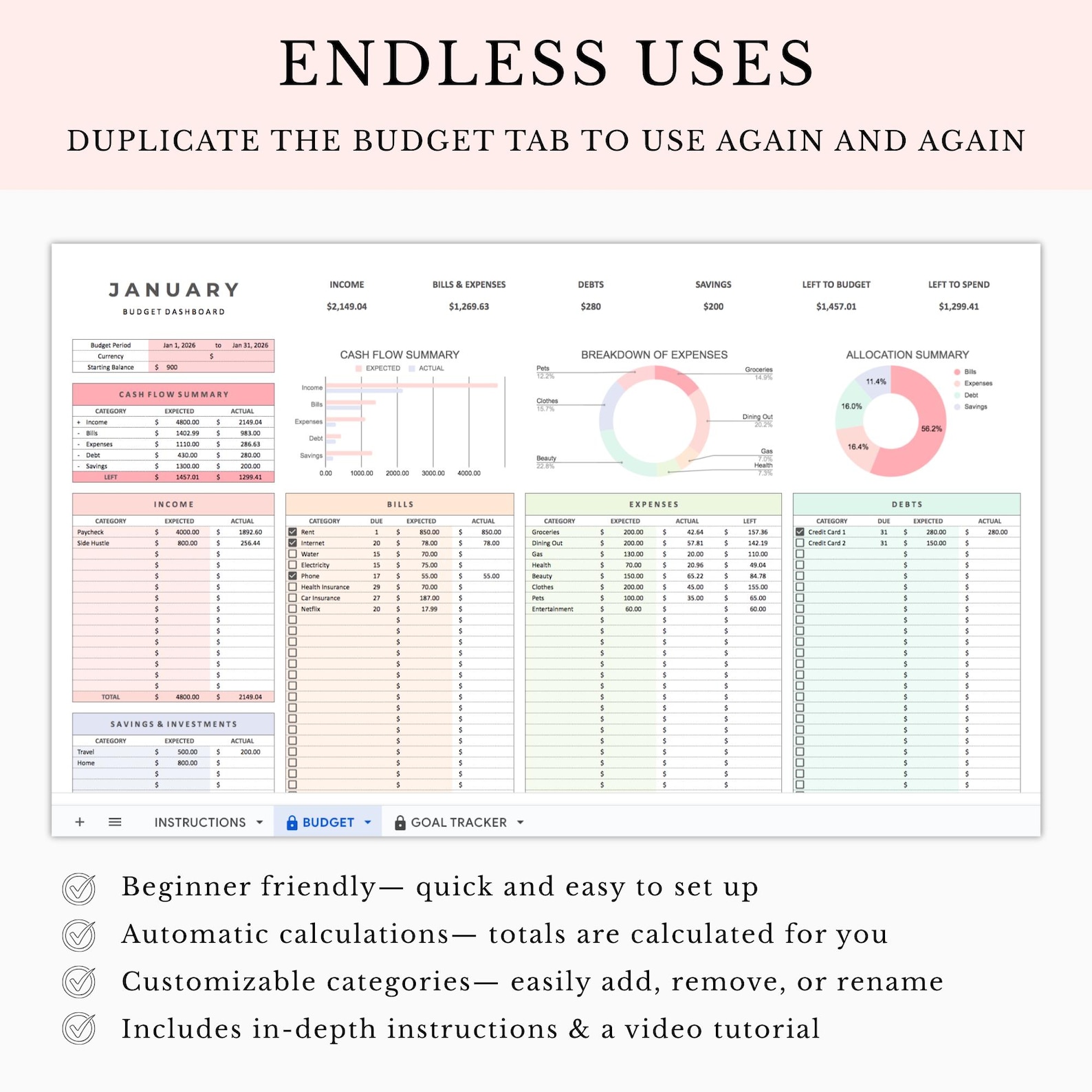 Budget Planner Spreadsheet Template | Google Sheets Excel | Monthly ...