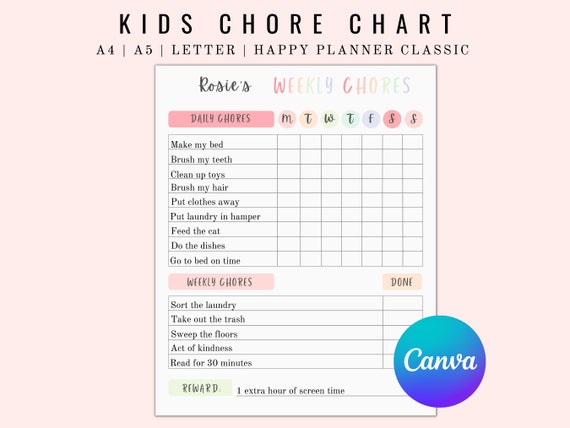 Weekly Daily Chore Chart for Kids to Do List Printable - Etsy