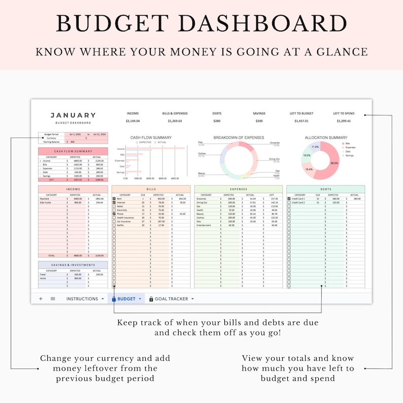 Simple Budget Spreadsheet | Google Sheets Excel Planner | Paycheck ...