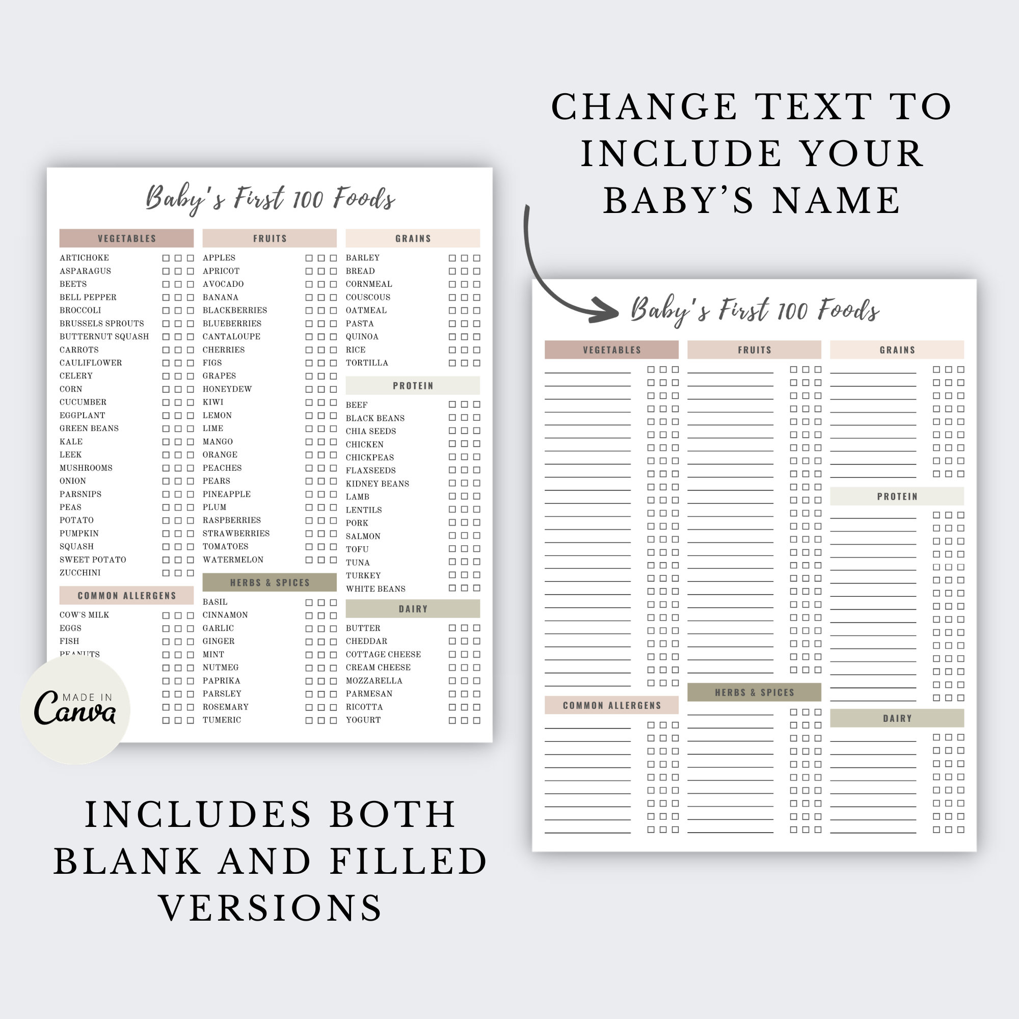 Baby Food Tracker Printable | First 100 Foods Checklist | Meal Planner ...