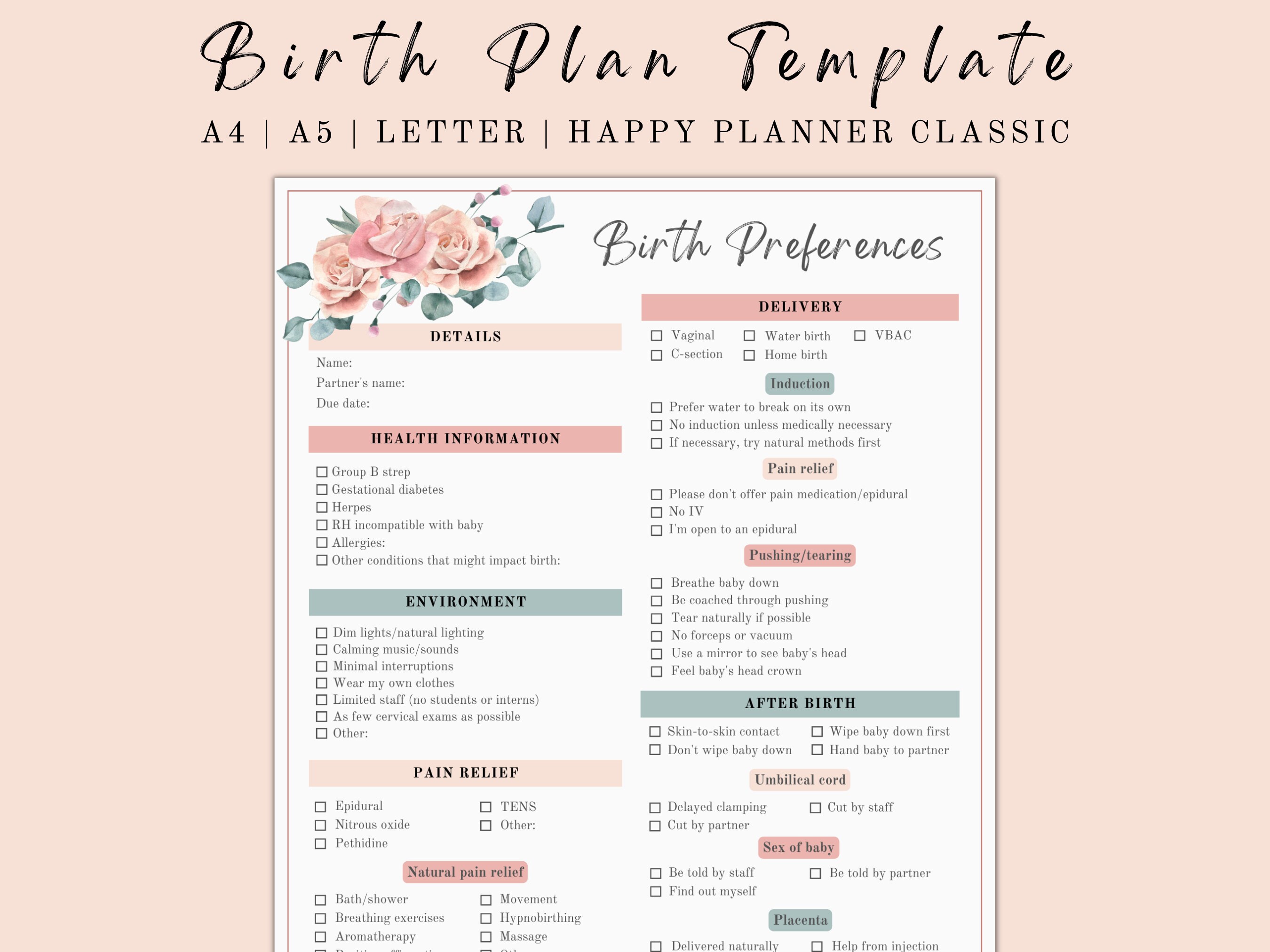Birth Plan Template Floral Printable & Editable - Etsy
