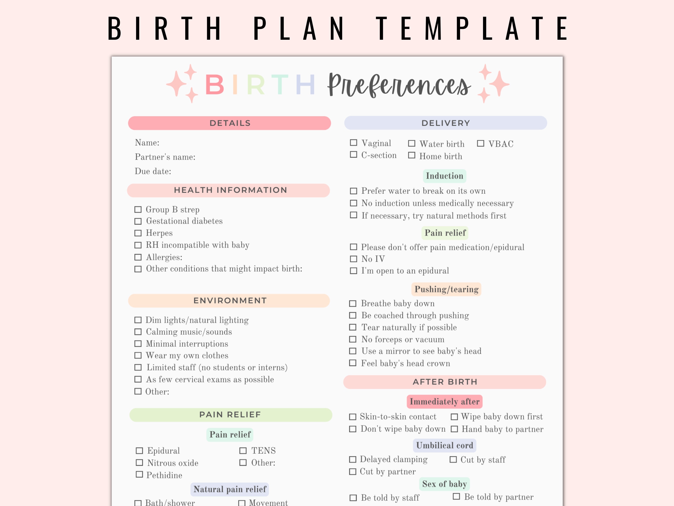 Birth Plan Template | Printable + Editable | Pastel Rainbow Colors - Etsy