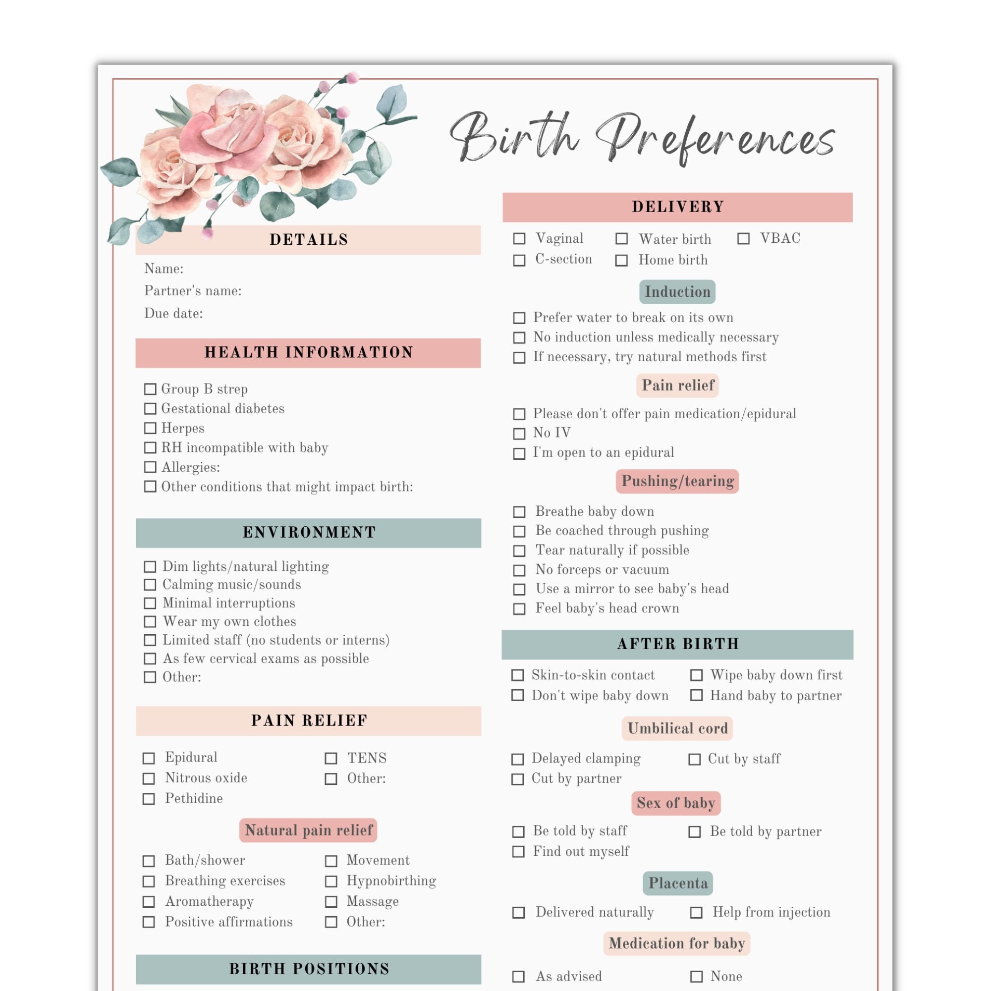 Birth Plan Template Floral | Printable + Editable - Etsy