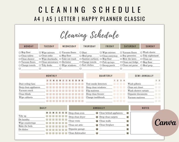 Editable Cleaning Schedule Canva | Printable Planner Checklist ...