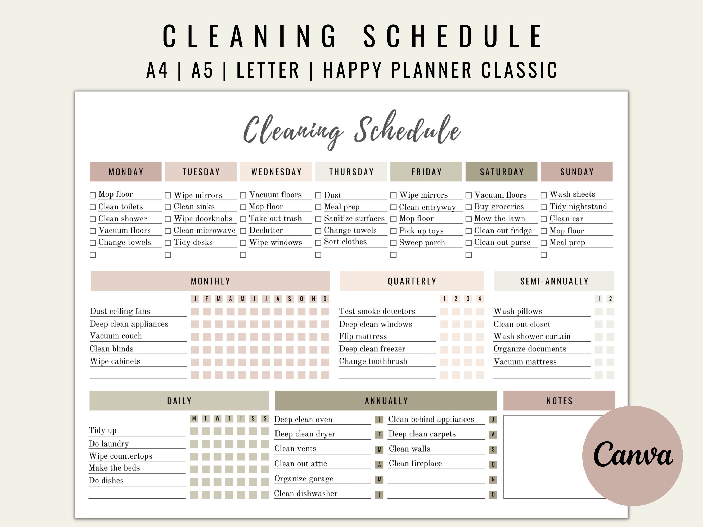 Cleaning Schedule Planner | Printable + Editable | Neutral Colors - Etsy