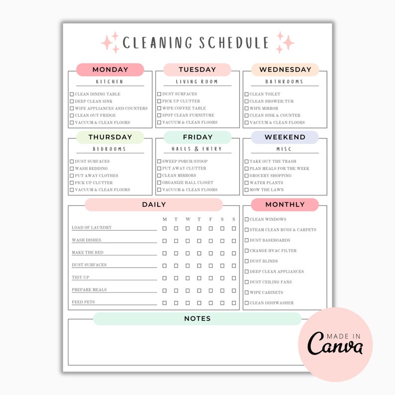 Editable Cleaning Schedule Canva | Printable Planner Checklist ...