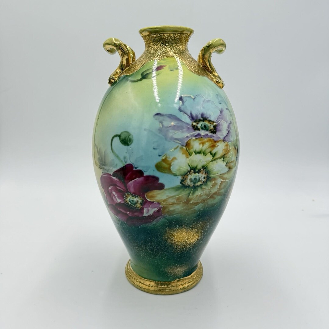 Antique Morimura Bros Nippon Poppy Gold Bead Hand Painted 10” Porcelain ...