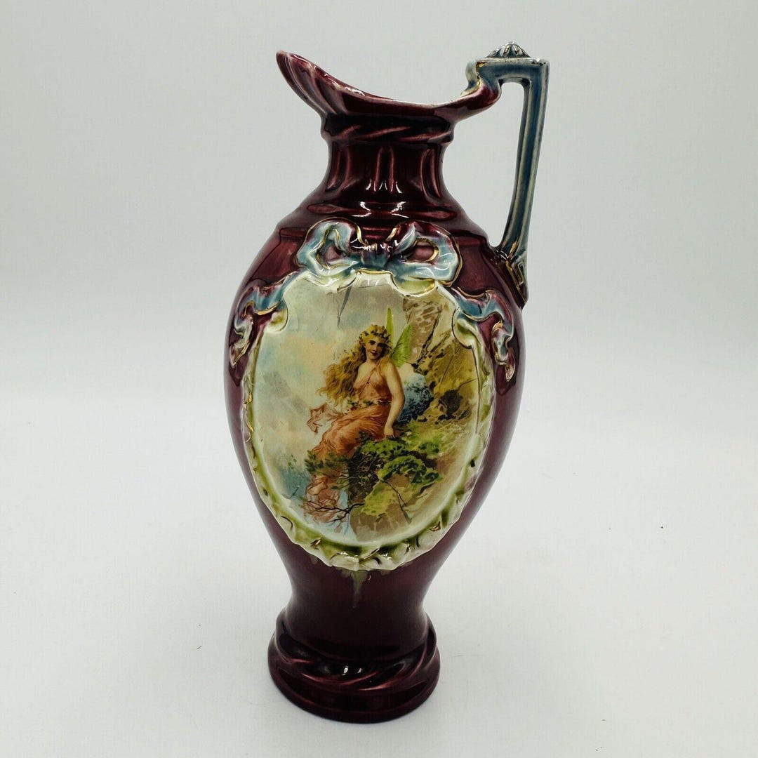 Majolica Red Pitcher Blue Ribbon Fairy Portrait Numbered 9in Porcelain ...