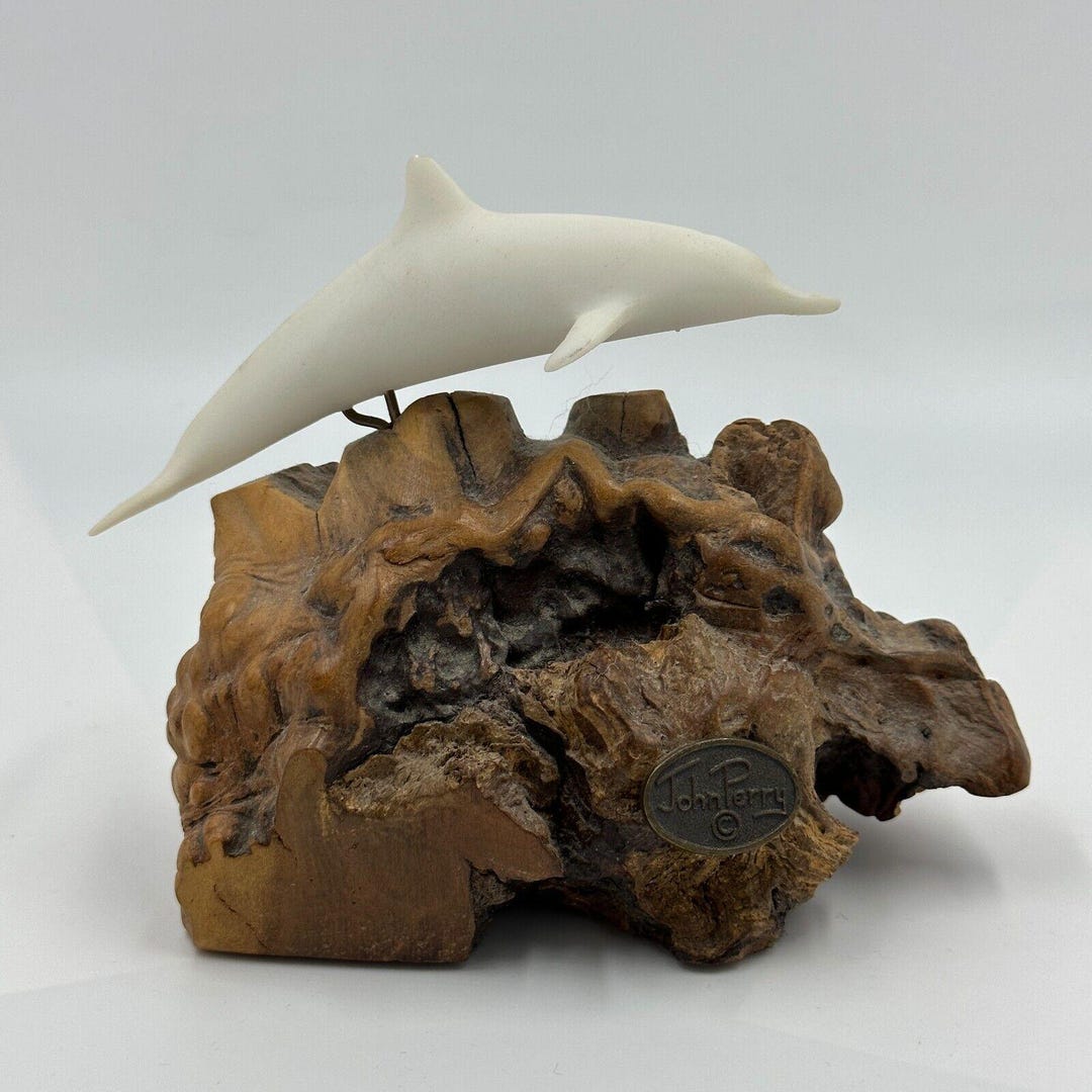 John Perry Dolphin Figure Pellucita Manzanita Wood Marked Ocean ...