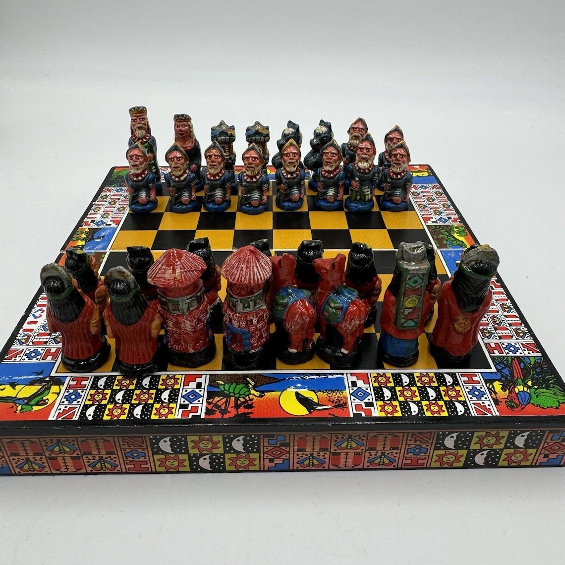 Chess Set Aztec Mayan Incas VS Spanish Conquistadors Vtg Hand Painted ...
