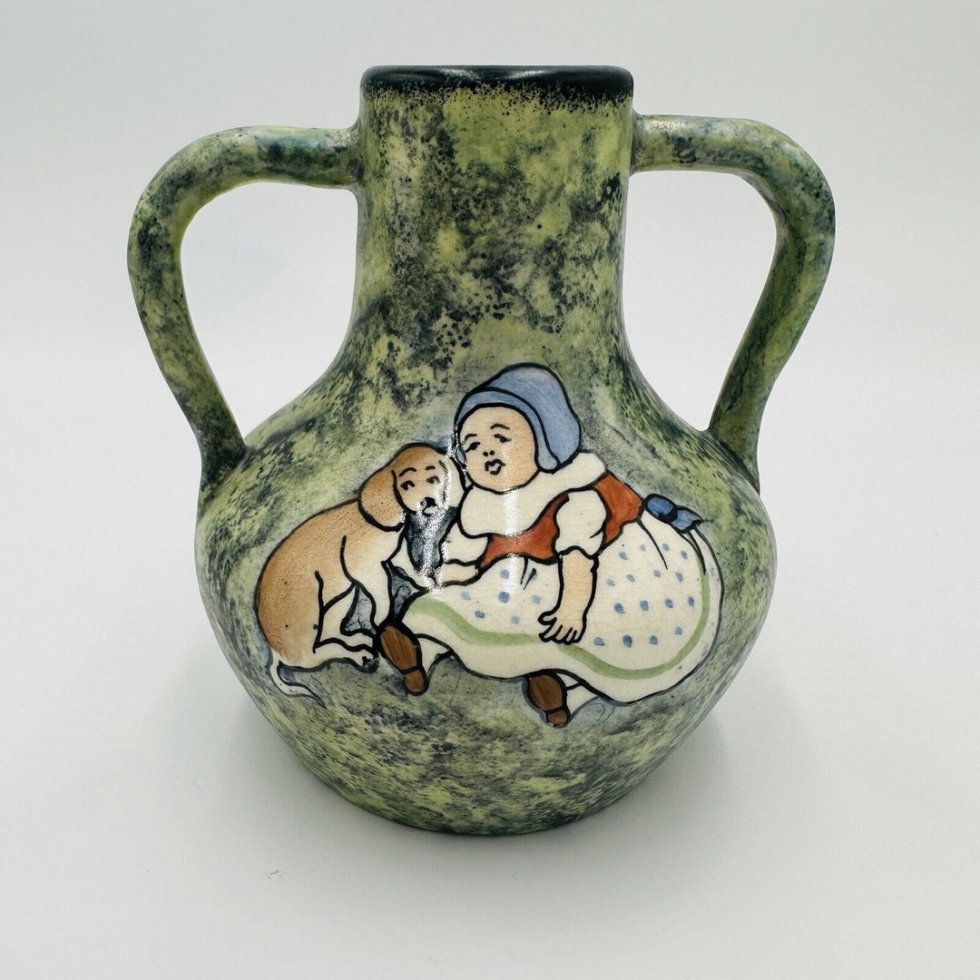 Teplitz Stellmacher Vase Pottery Girl Dog Austrian Amphora - Etsy