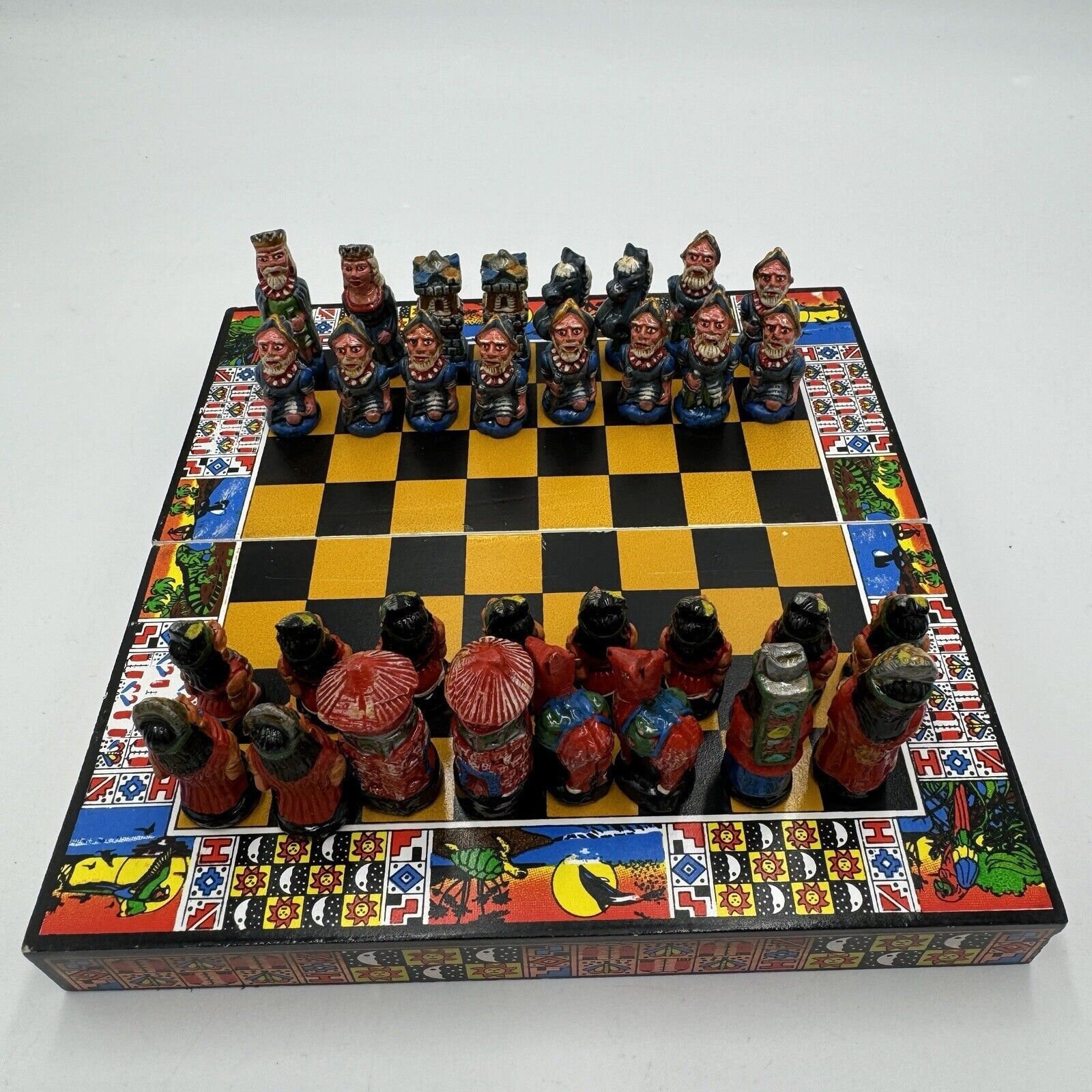 Chess Set Aztec Mayan Incas VS Spanish Conquistadors Vtg Hand Painted ...