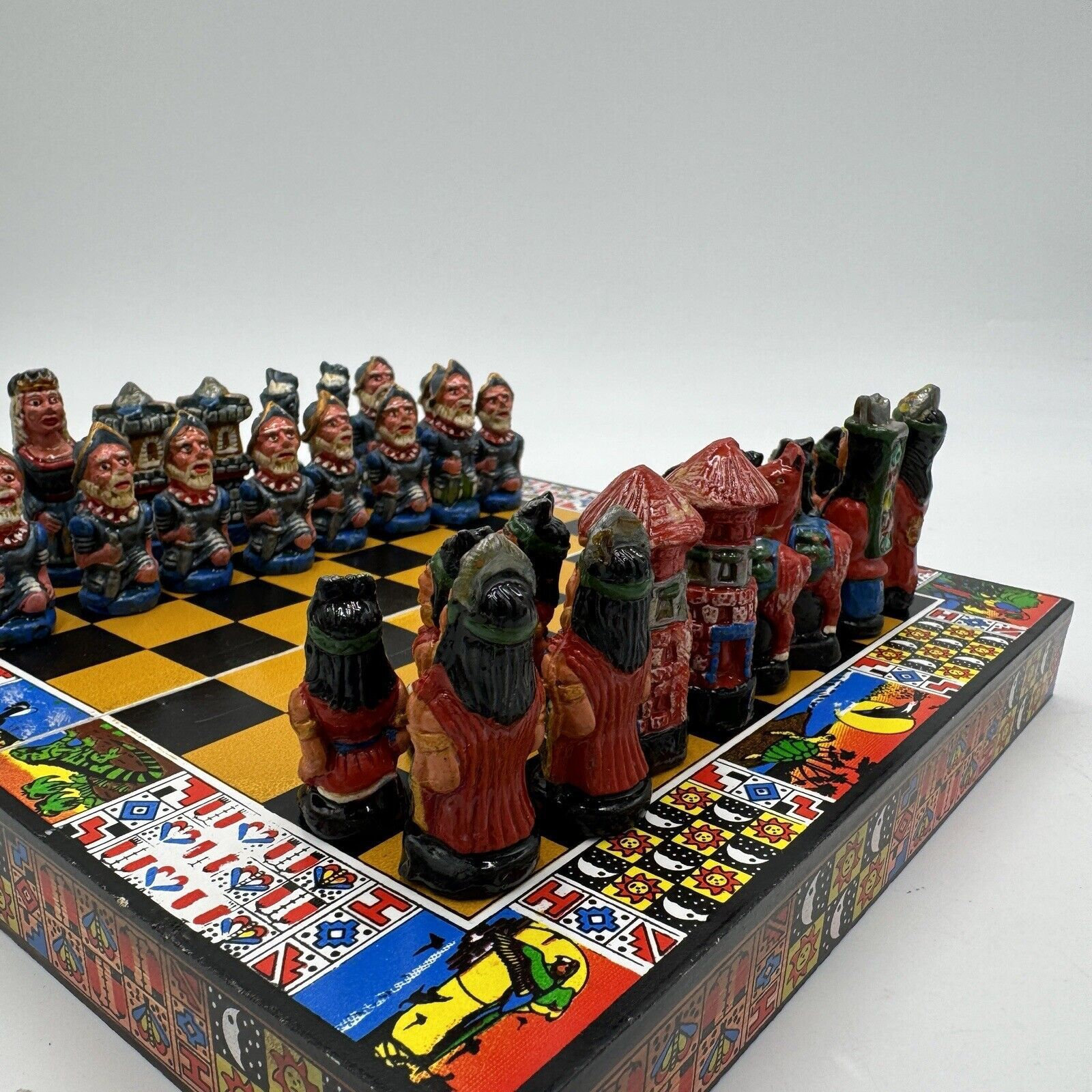 Chess Set Aztec Mayan Incas VS Spanish Conquistadors Vtg Hand Painted ...