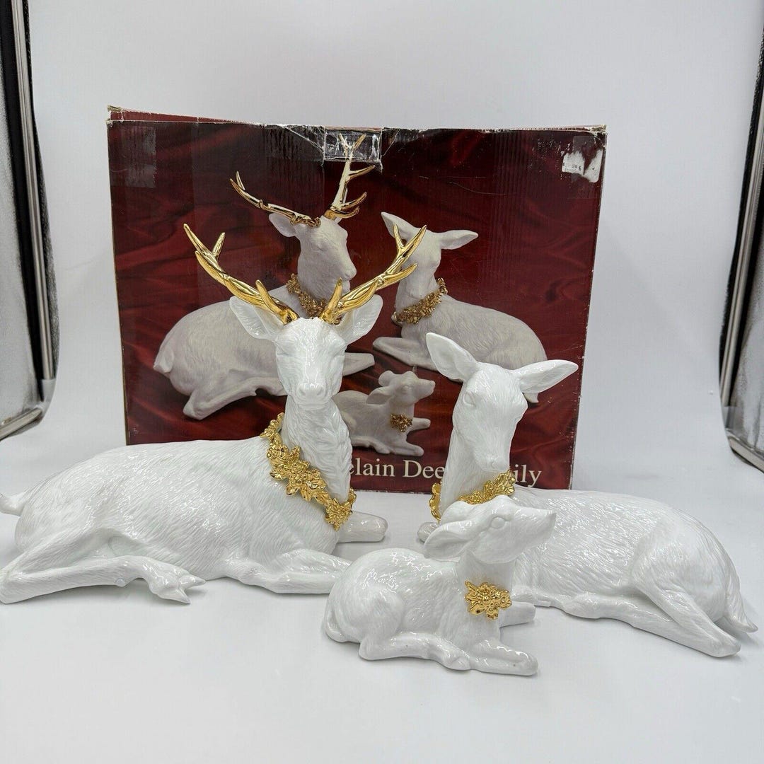 Vintage Traditions 3 Piece Porcelain Deer Family White/gold Christmas ...