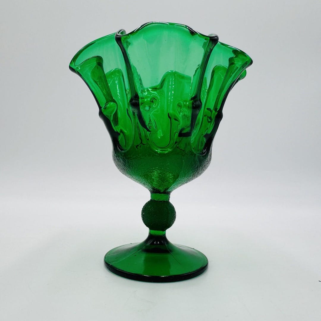 MCM Stelvia Emerald Green Art Glass Ruffled Compote Wayne Husted 6in - Etsy