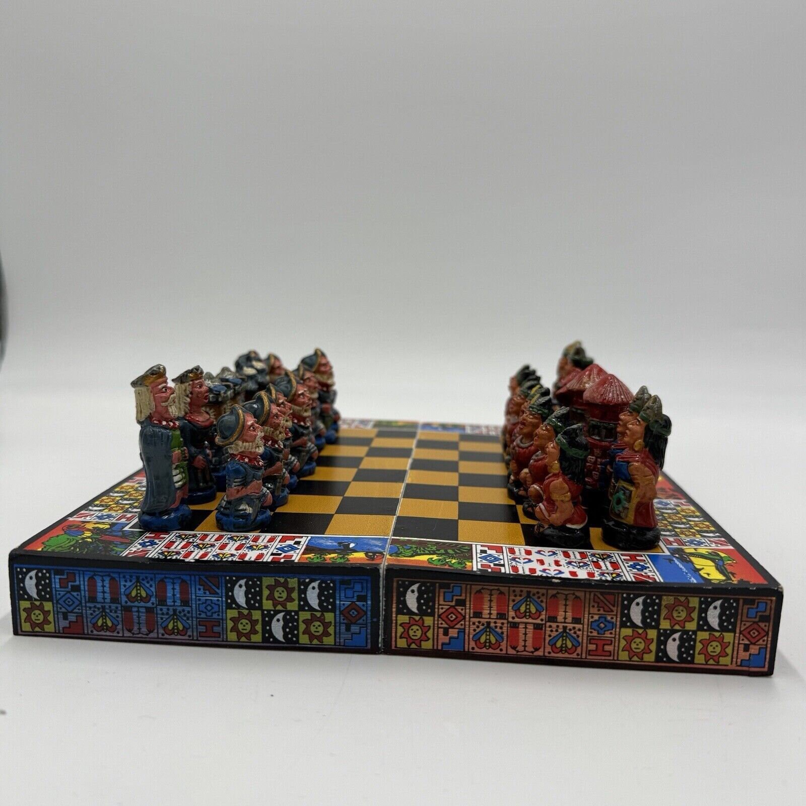 Chess Set Aztec Mayan Incas VS Spanish Conquistadors Vtg Hand Painted ...