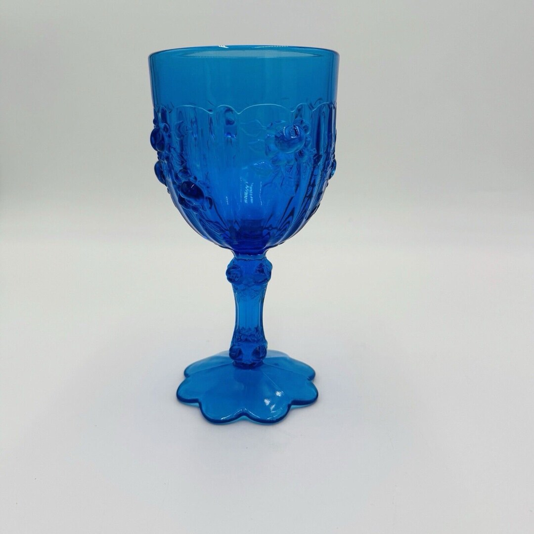 Vintage Fenton Art Glass Colonial Blue Rose Water Goblet Embossed ...