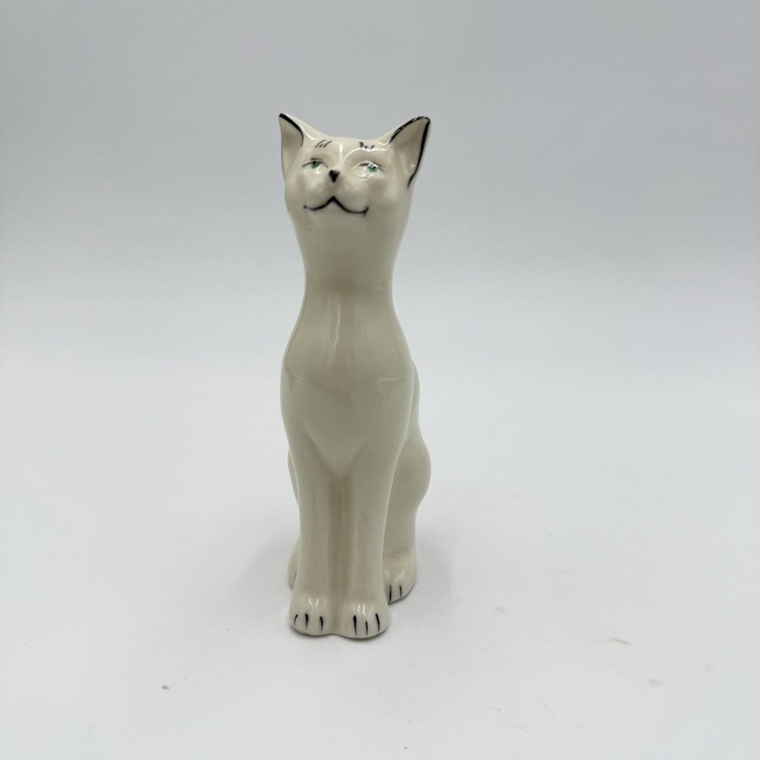 Vtg 5” Belleek Irish Porcelain Beige Cat Green Eyes Figurine Blue ...
