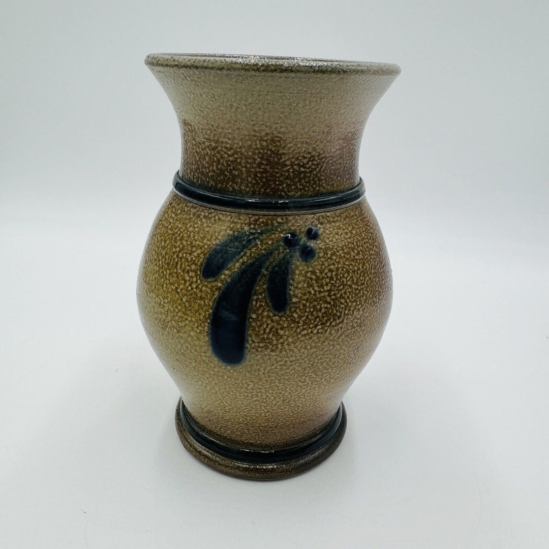 Vintage Rowe Pottery Works Stoneware Vase Salt Glaze Blue Gray Signed 7 ...