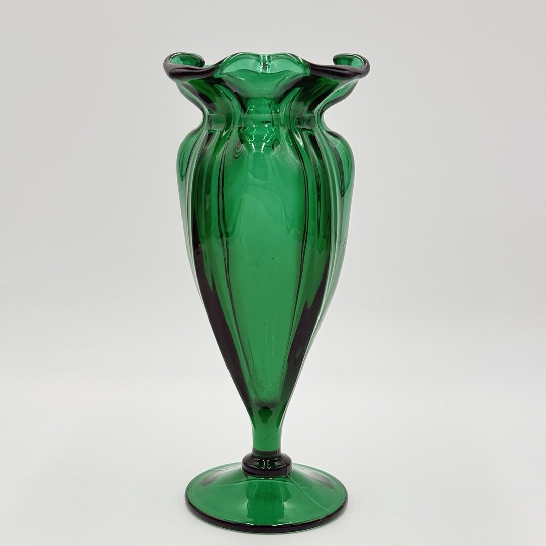 MCM Wayne Husted Stelvia Emerald Green Art Glass Ruffled Compote Vase 9 ...