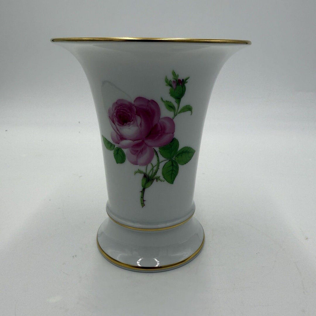 Antique Meissen Vase Pink Rose Trumpet Shaped Painted 5.5” Gold Rim ...