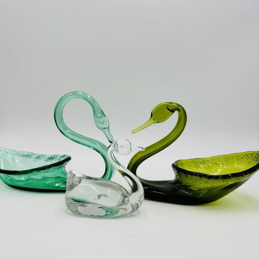 Viking Swan Figurines Art Glass Green Avocado Clear Vintage MCM Set 3 ...